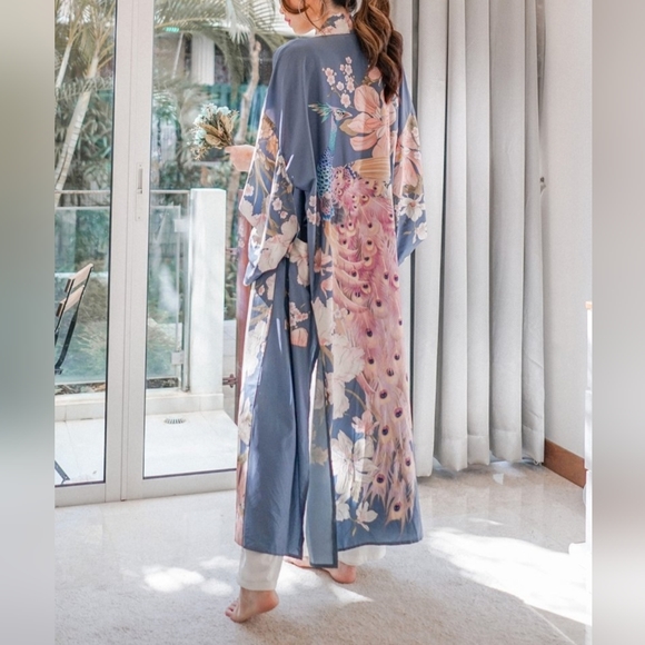 Jackets & Coats | New Boho Retro Floral Peacock Kimono Maxi Duster Robe ...